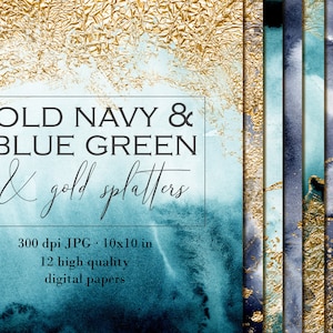 Navy Watercolor Digital Paper, Watercolor Paper Pack, Gold Foil Paper ...