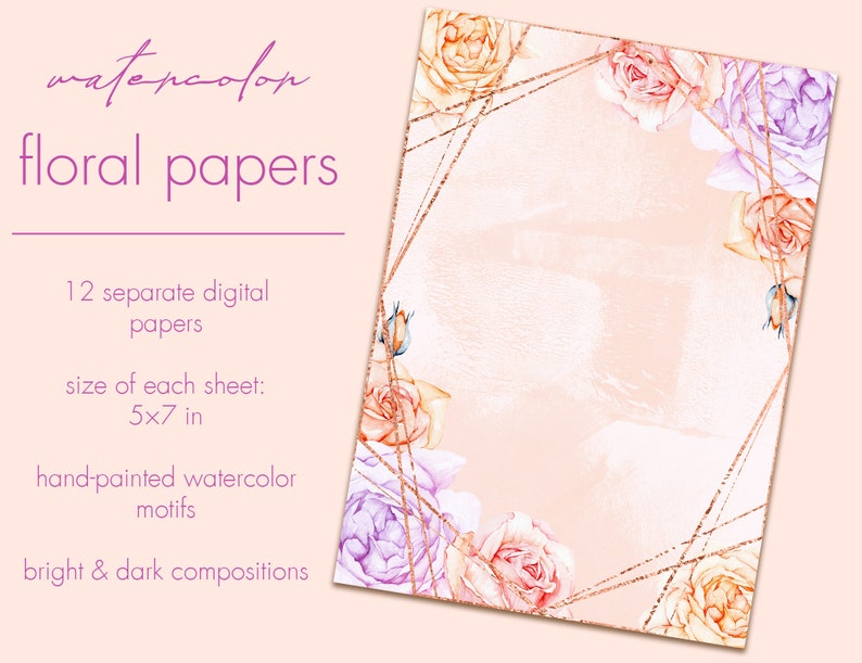 Watercolor Roses Digital Paper, Paper With Roses, 5x7 Papers, Floral ...
