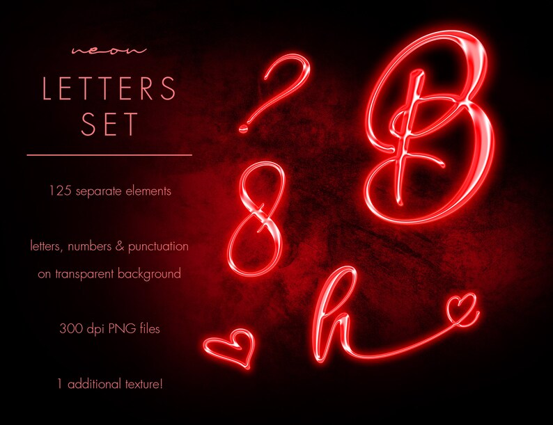 Red neon alphabet clipart Neon letters with hearts Neon font | Etsy