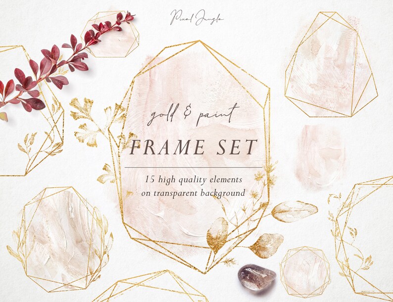 Gold Floral Frames Clipart: Crystal Watercolor PNG Overlays (digital ...