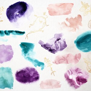 Watercolor Paint Splashes With Gold Floral Elements, Watercolor ...