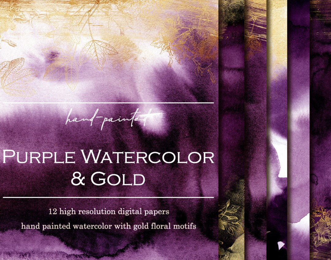 Purple Digital Paper Clipart, Watercolor Digital Papers, Gold Papers ...