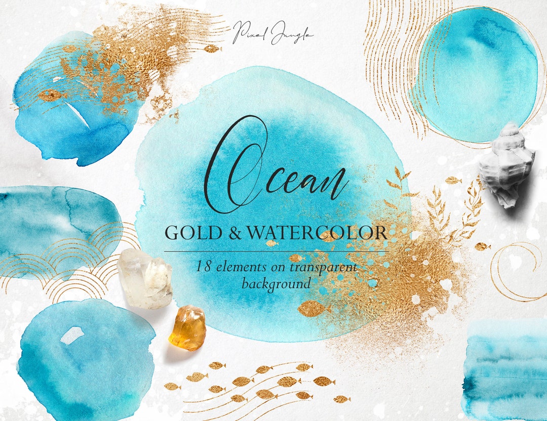 Oceanic Design Elements, Oceanic Watercolor Clipart, Gold Fish Overlays ...