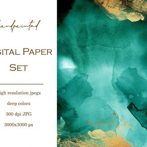 Emerald Green Digital Paper Clipart, Watercolor Digital Papers, Gold ...