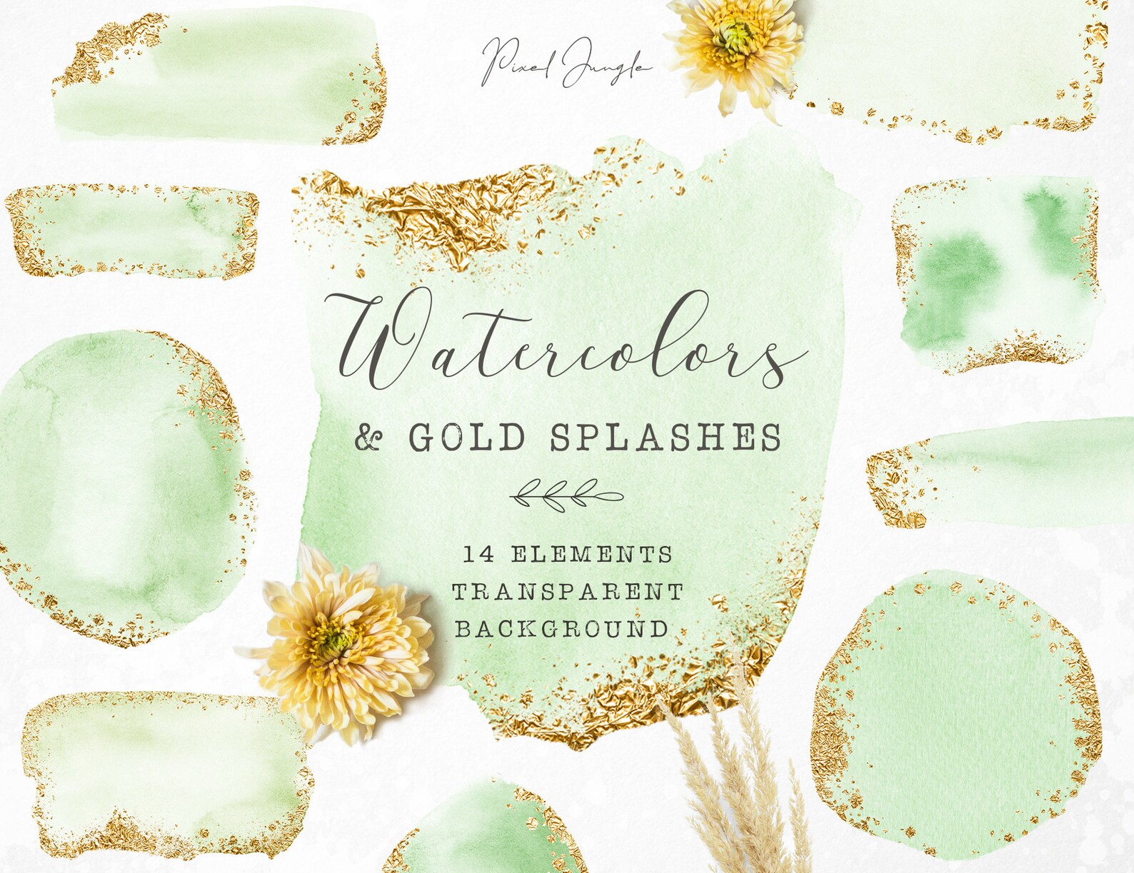 Green Watercolor Splashes With Gold Foil (PNG Digital Download) - Etsy