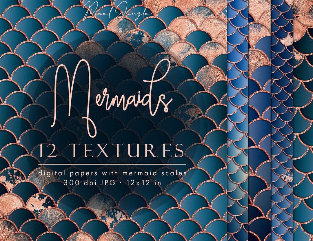 Deep Blue Mermaid Scales Digital Paper: Rose Gold Foil (digital ...