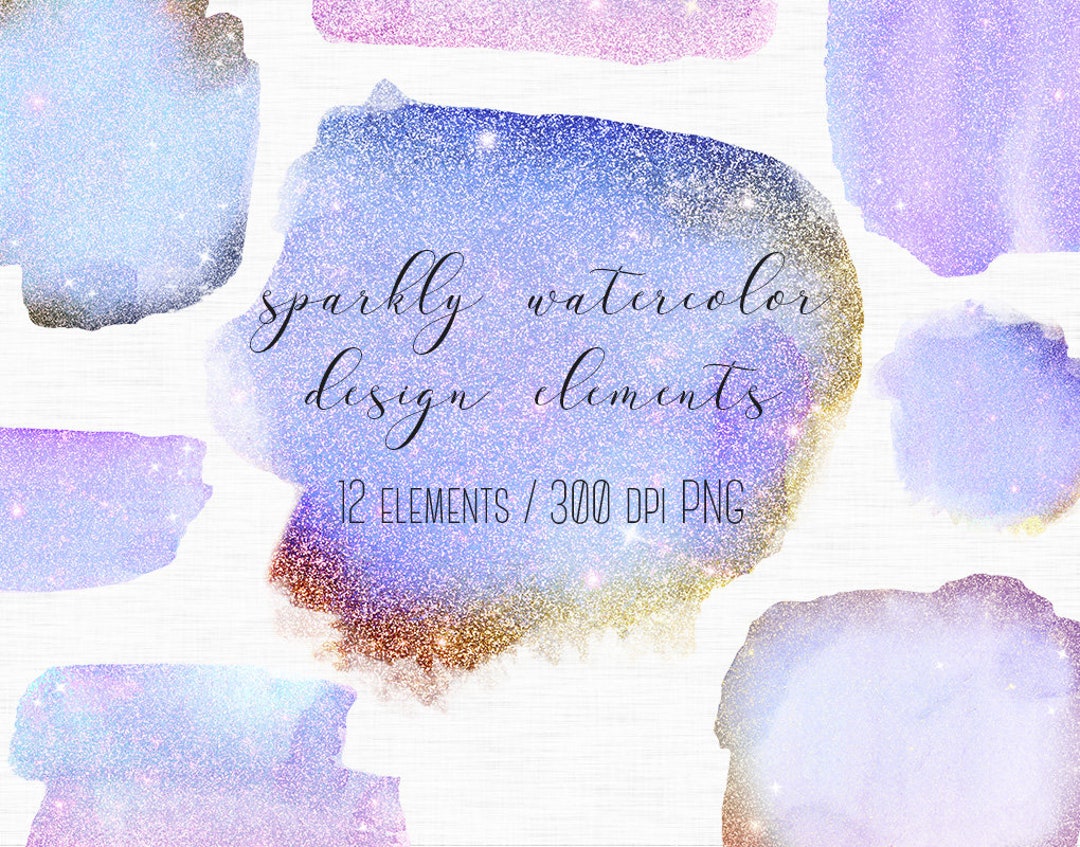 Gold Glitter Watercolor Design Elements, Blue Watercolor Clipart, Gold ...