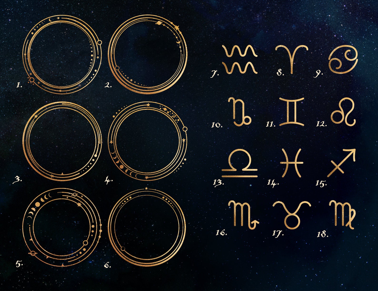 Gold Zodiac Constellations Clipart: Astrology PNG Graphics (digital ...