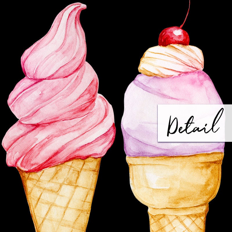 Watercolor Ice Creams Clipart Wafer Cone Ice Cream - Etsy