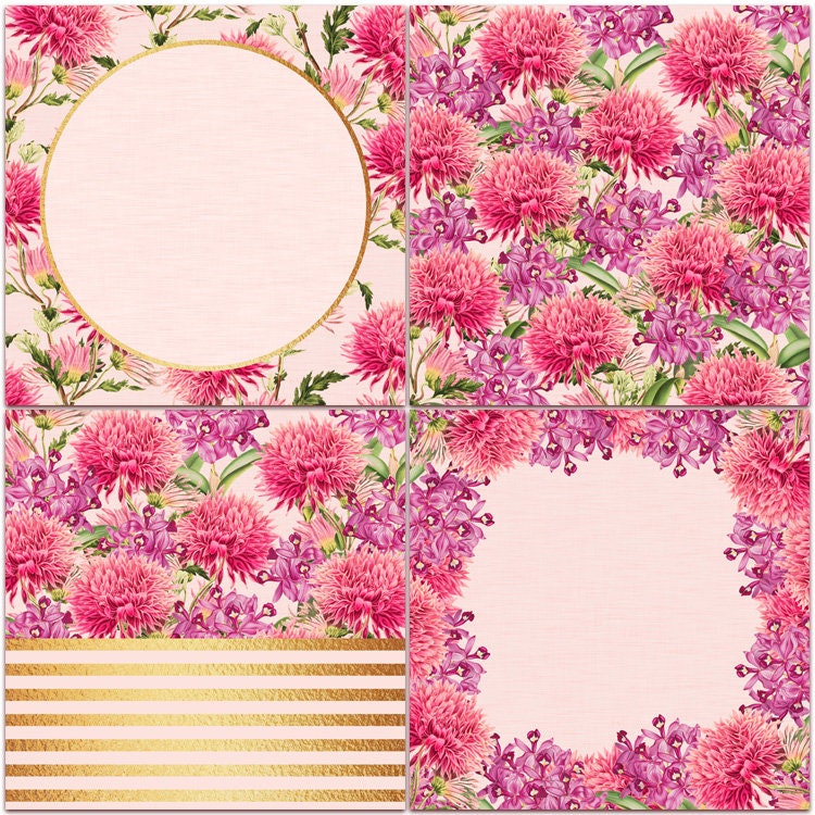 Floral Digital Paper Clipart Gold Paper Pack Pink | Etsy