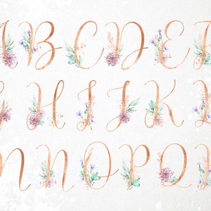 Rose Gold Letters With Watercolor Floral Elements, Rose Gold Alphabet ...