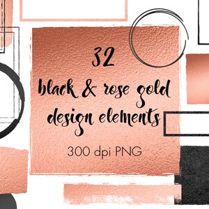 Buy 3 Pay for 2, Black & Rose Gold Brush Strokes, Design Elements Clipart, Rose Gold Metallic ...