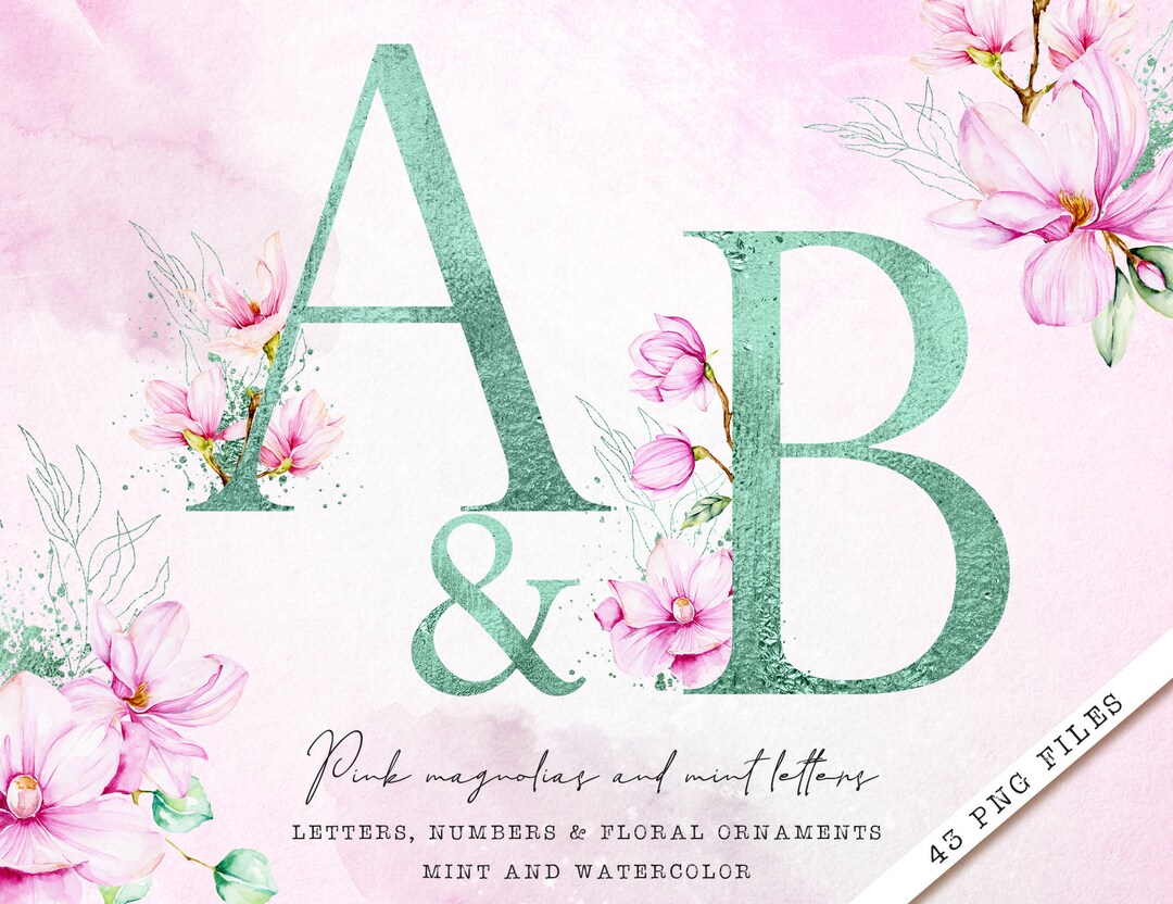 Mint Monogram Letters With Watercolor Magnolias, Mint Alphabet Clipart ...