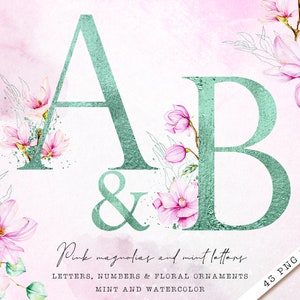 Mint Monogram Letters With Watercolor Magnolias, Mint Alphabet Clipart ...