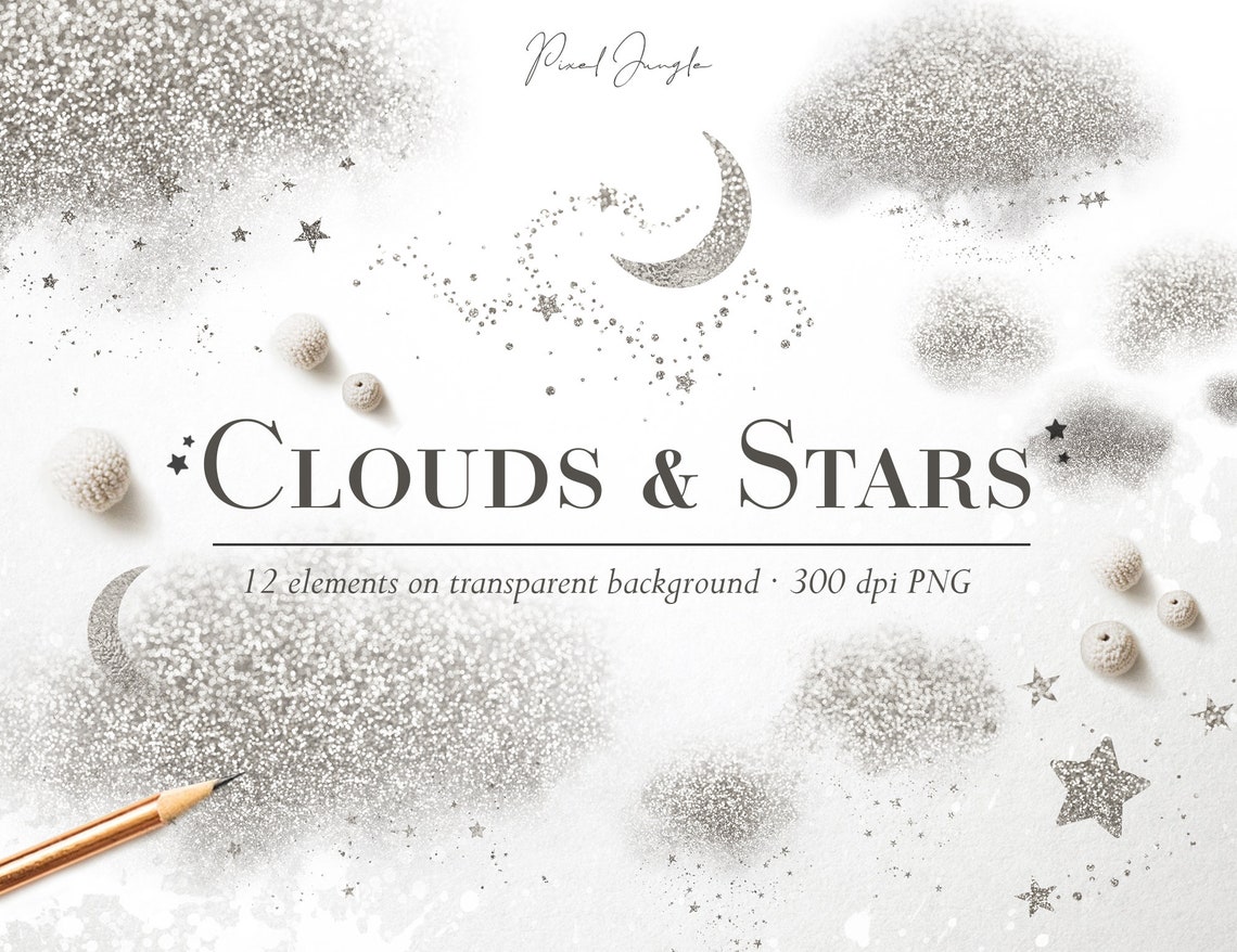 Silver Clouds and Stars Clipart Silver Star Digital Overlays - Etsy