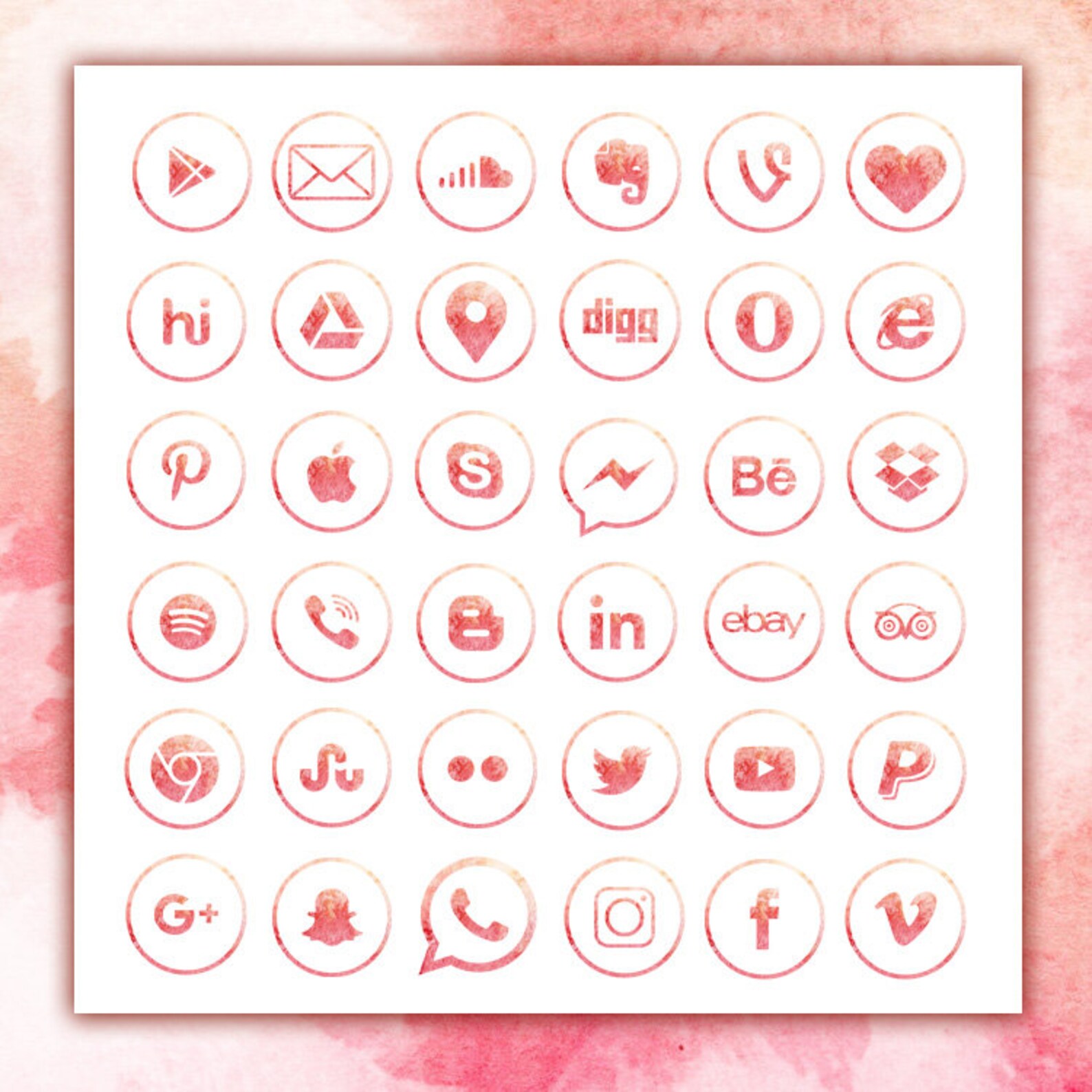 Watercolor Social Media Icons, Watercolor Icons, Social Media Buttons ...