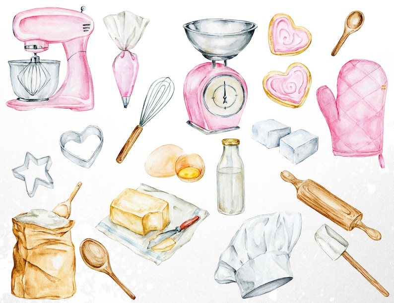 Watercolor Baking Clipart: Hand-painted Kitchen Utensils (PNG) - Etsy