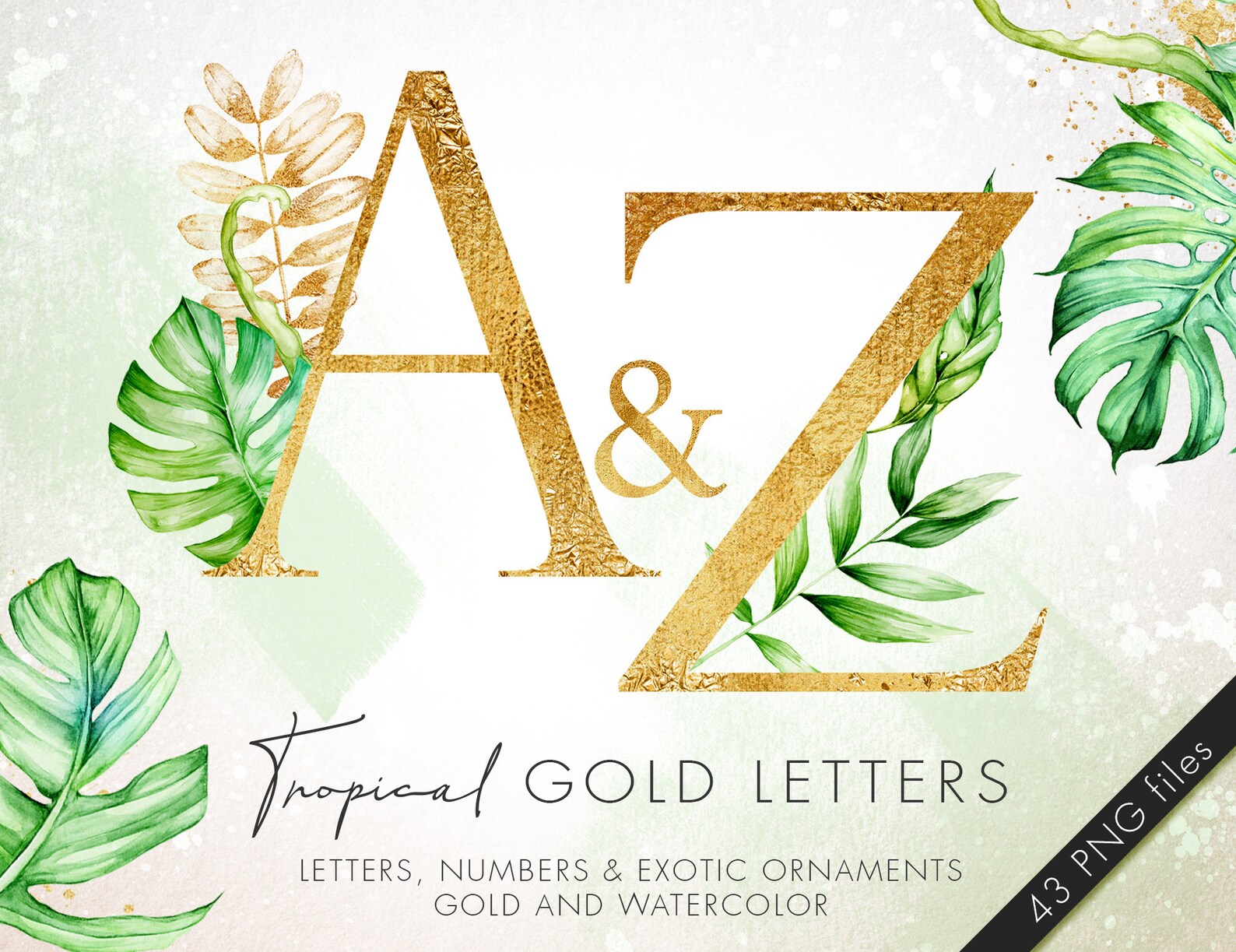 Gold Letters With Watercolor Palm Leaves Gold Alphabet - Etsy
