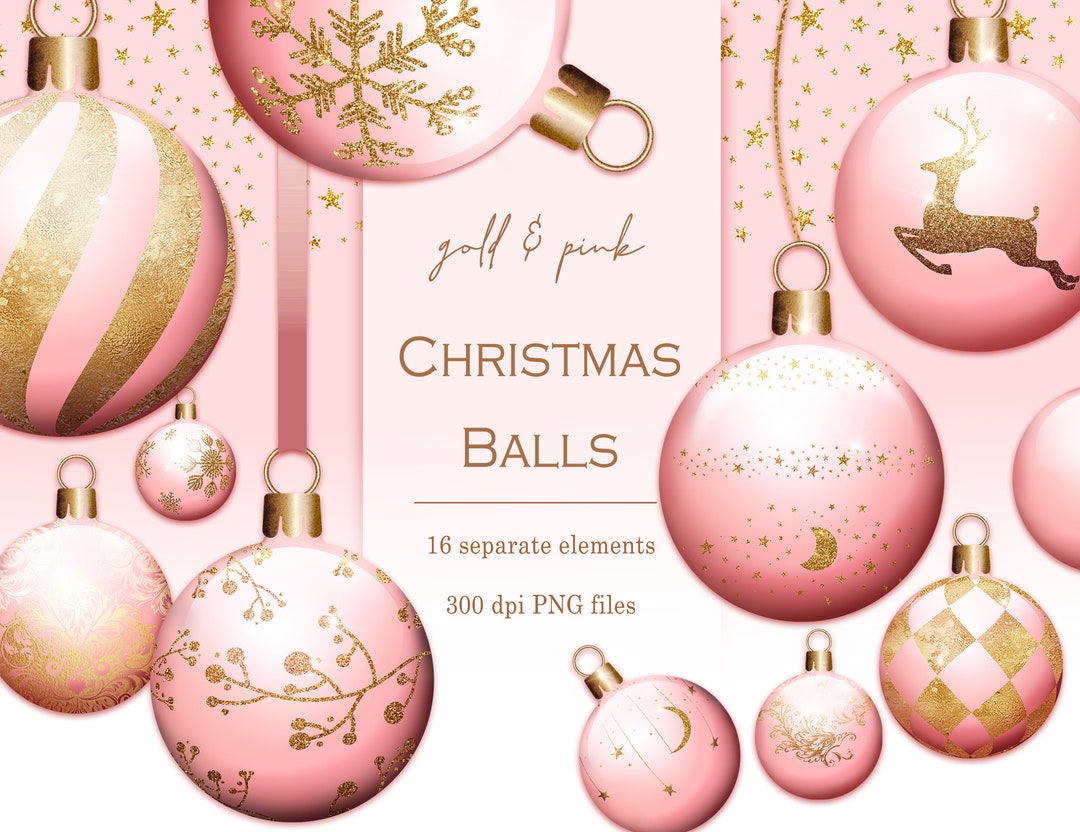 Pink Christmas Baubles Clipart, Gold Christmas Balls, Winter Ornaments ...