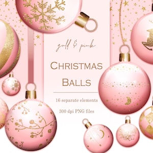 Pink Christmas Baubles Clipart, Gold Christmas Balls, Winter Ornaments ...