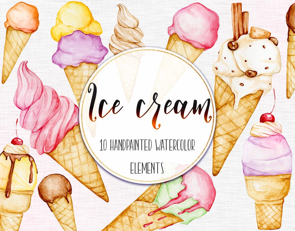 Watercolor Ice Creams Clipart Wafer Cone Ice Cream - Etsy