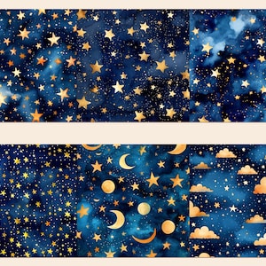 Starry Night Watercolor Digital Paper, Watercolor Paper Clipart, Blue ...