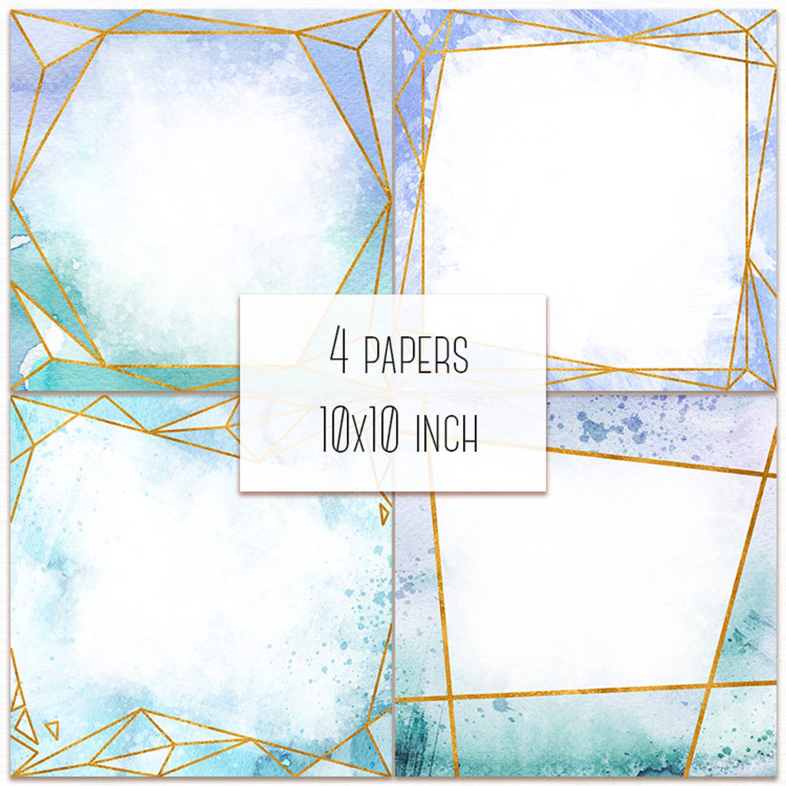 Geometric Digital Paper Clipart, Gold Invitation Template Clipart, Blue ...