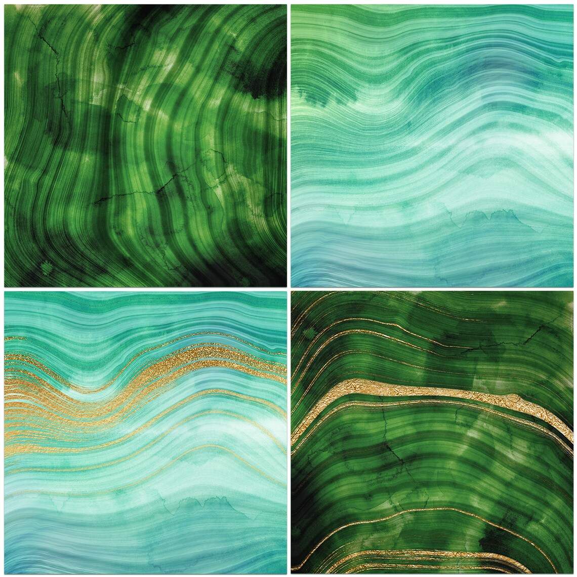Emerald Green Agate Digital Paper: Gold Veins, Watercolor Textures (JPG ...