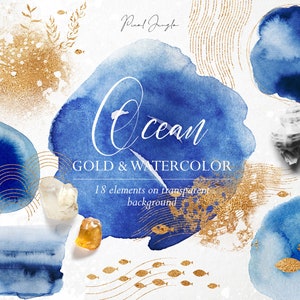 Navy Blue Watercolor Clipart: Gold Fish, Ocean Elements (PNG) - Etsy