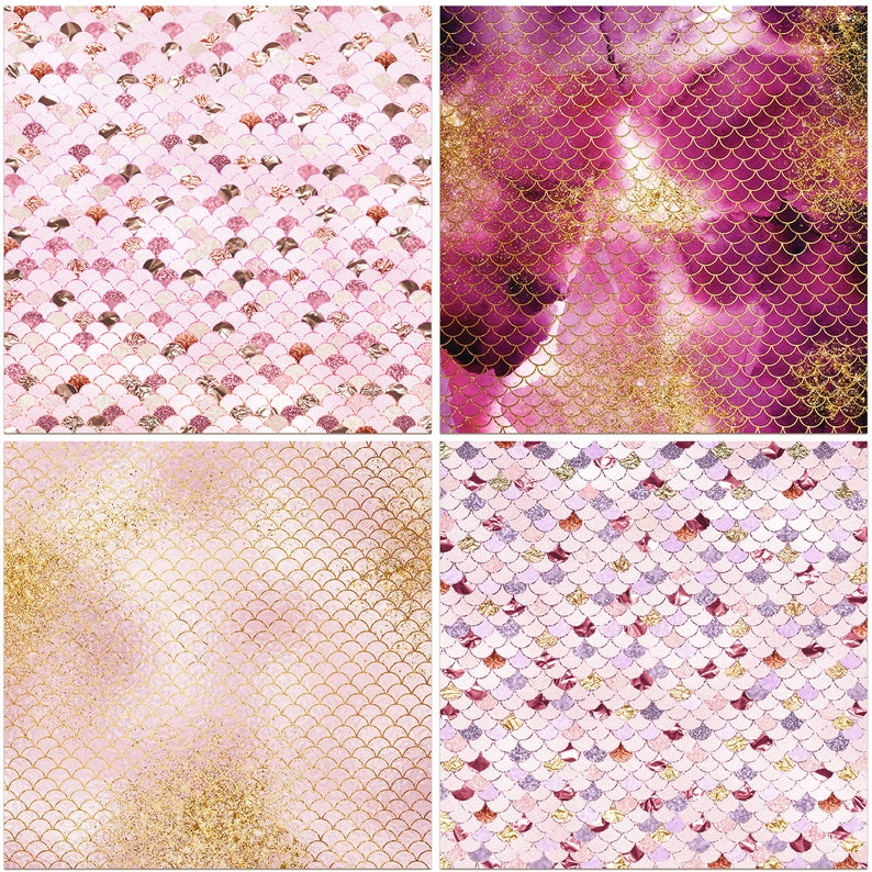Pink Mermaid Scales Digital Paper Set, Watercolor Paper, Gold Scales ...