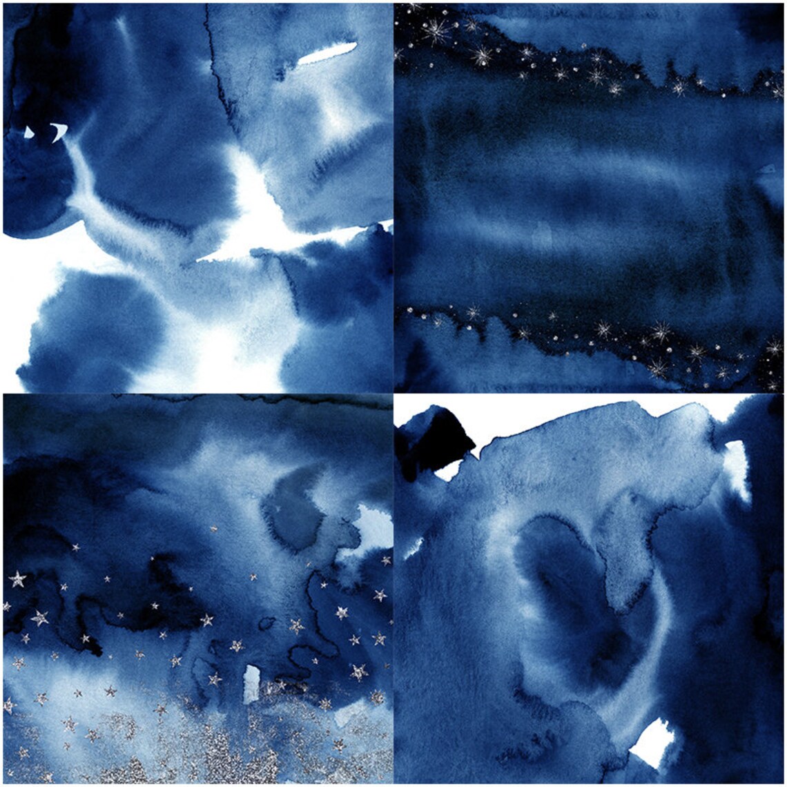 Deep Blue Digital Paper Clipart, Watercolor Digital Papers, Silver ...