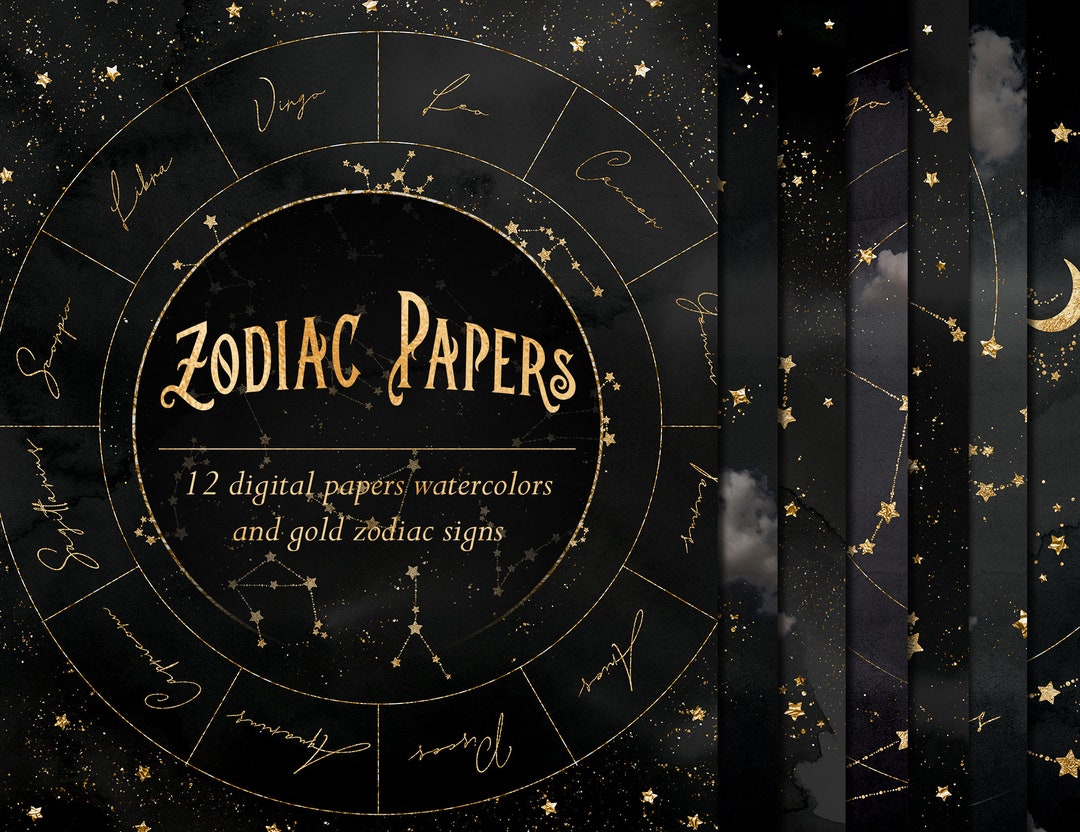 Gold Foil Zodiac Digital Papers: Black Watercolor Celestial Backgrounds ...
