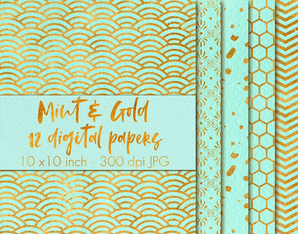 Mint Gold Digital Paper Mint Paper Clipart Gold Wedding | Etsy