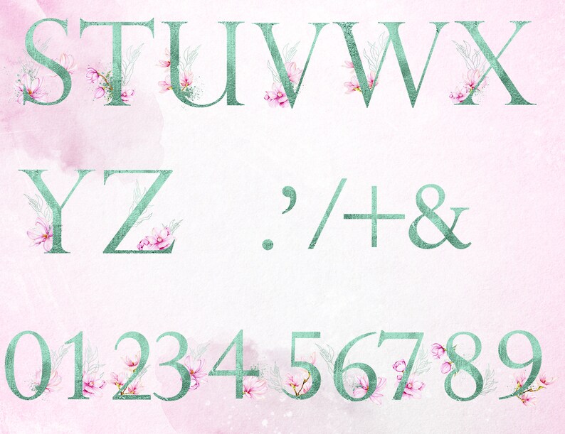 Mint Monogram Letters With Watercolor Magnolias Mint Alphabet - Etsy