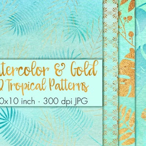 Buy 3 Pay for 2, Gold Watercolor Tropical Digital Paper, Gold Floral ...