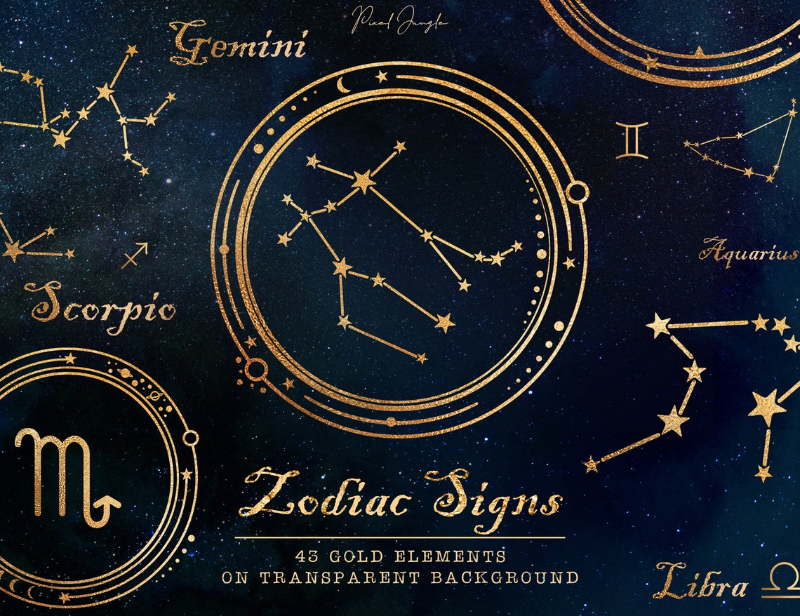 Gold Zodiac Constellations Clipart: Astrology PNG Graphics (digital ...