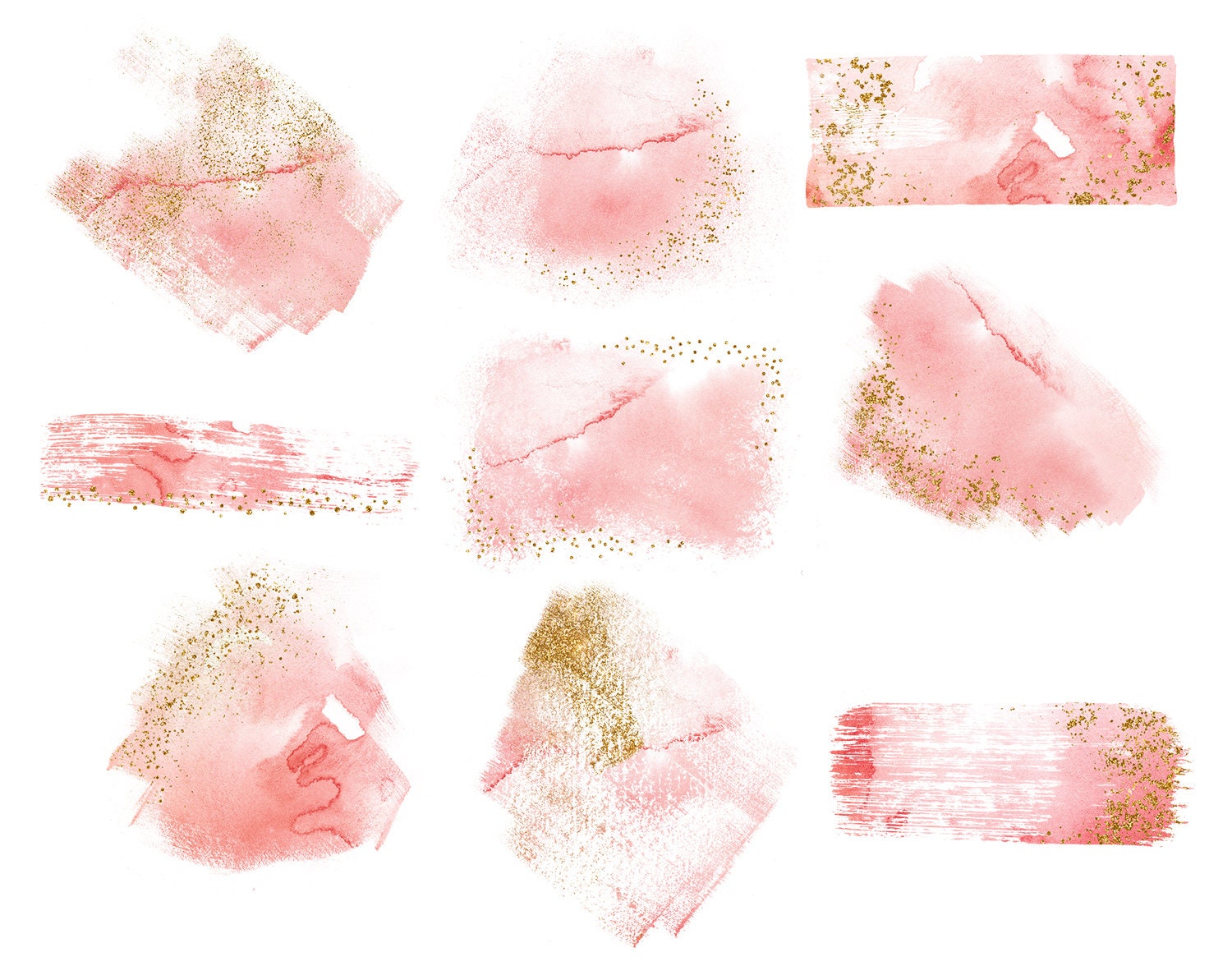Blush Watercolor Brush Strokes Clipart: Gold Glitter Accents (PNG ...