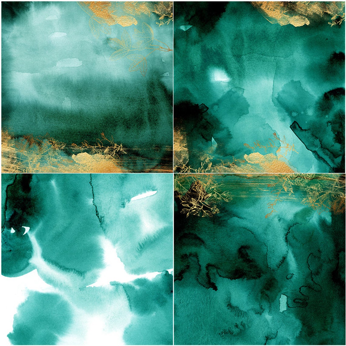 Emerald Green Digital Paper Clipart, Watercolor Digital Papers, Gold ...