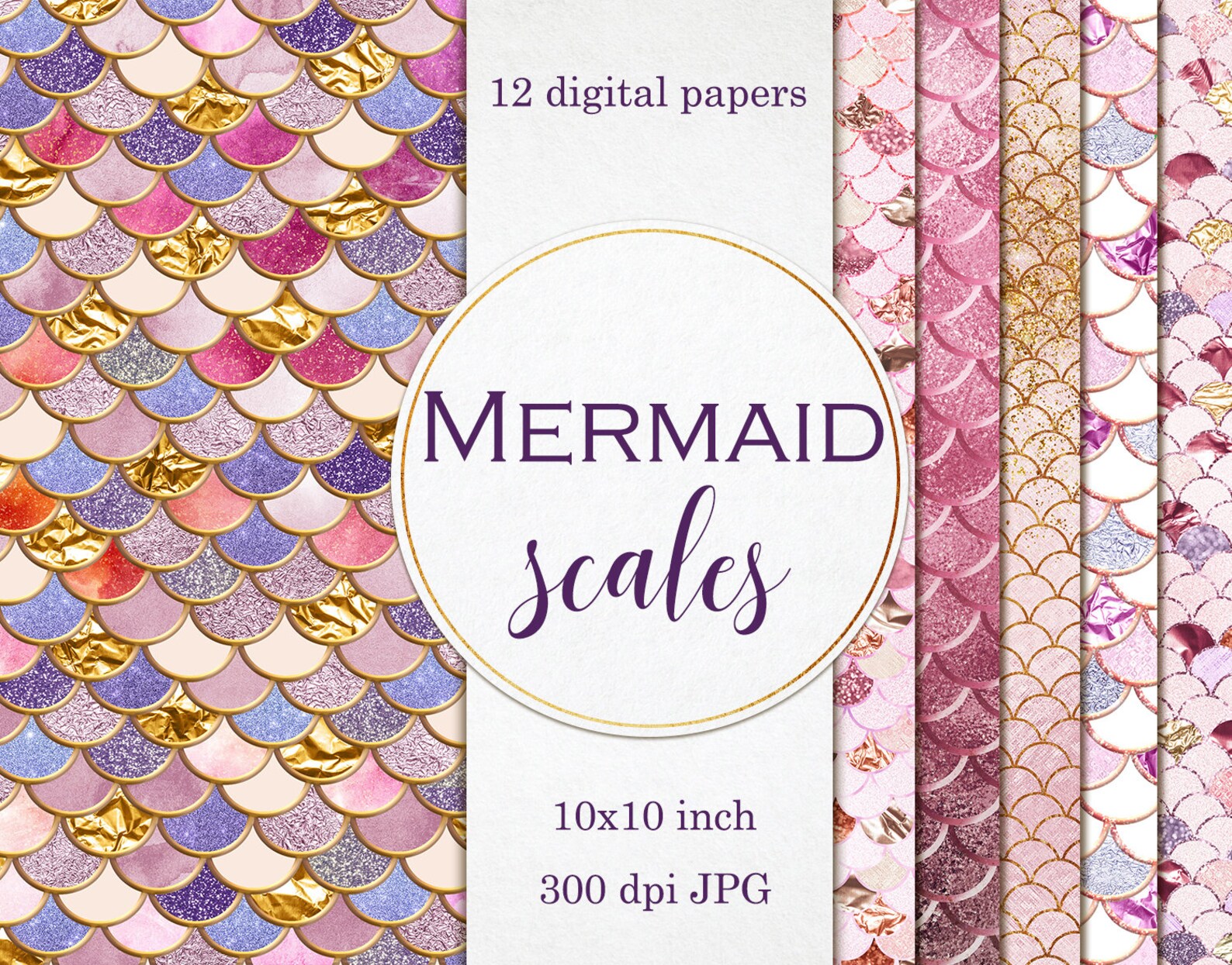 Pink Mermaid Scales Digital Paper Set Watercolor Paper Gold - Etsy