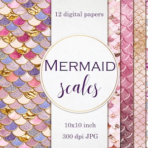 Pink Mermaid Scales Digital Paper Set, Watercolor Paper, Gold Scales ...