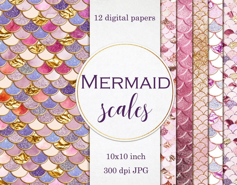Pink Mermaid Scales Digital Paper Set, Watercolor Paper, Gold Scales ...