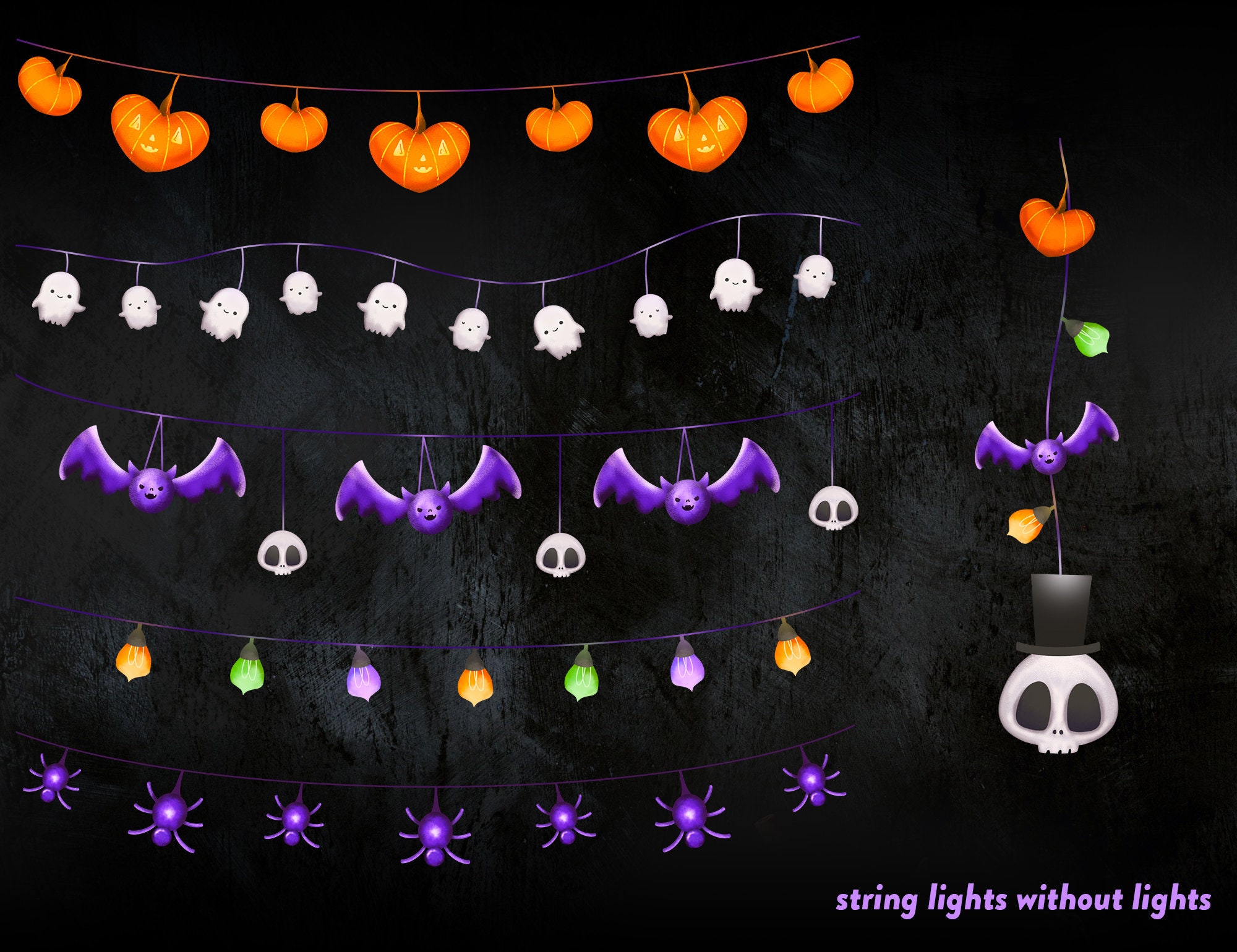 Halloween String Lights Clipart: Pumpkin, Bat, Skull PNG Overlays - Etsy