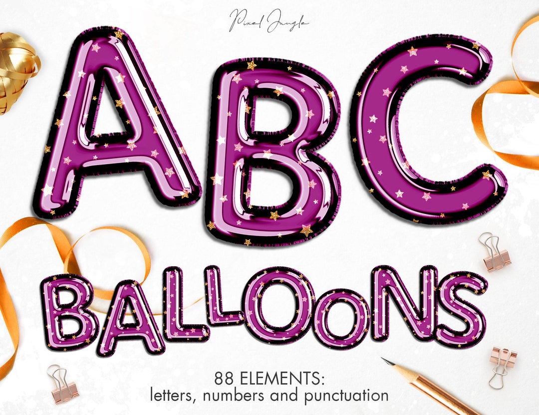Purple Balloon Alphabet With Gold Stars, Purple Balloons, Purple Foil ...
