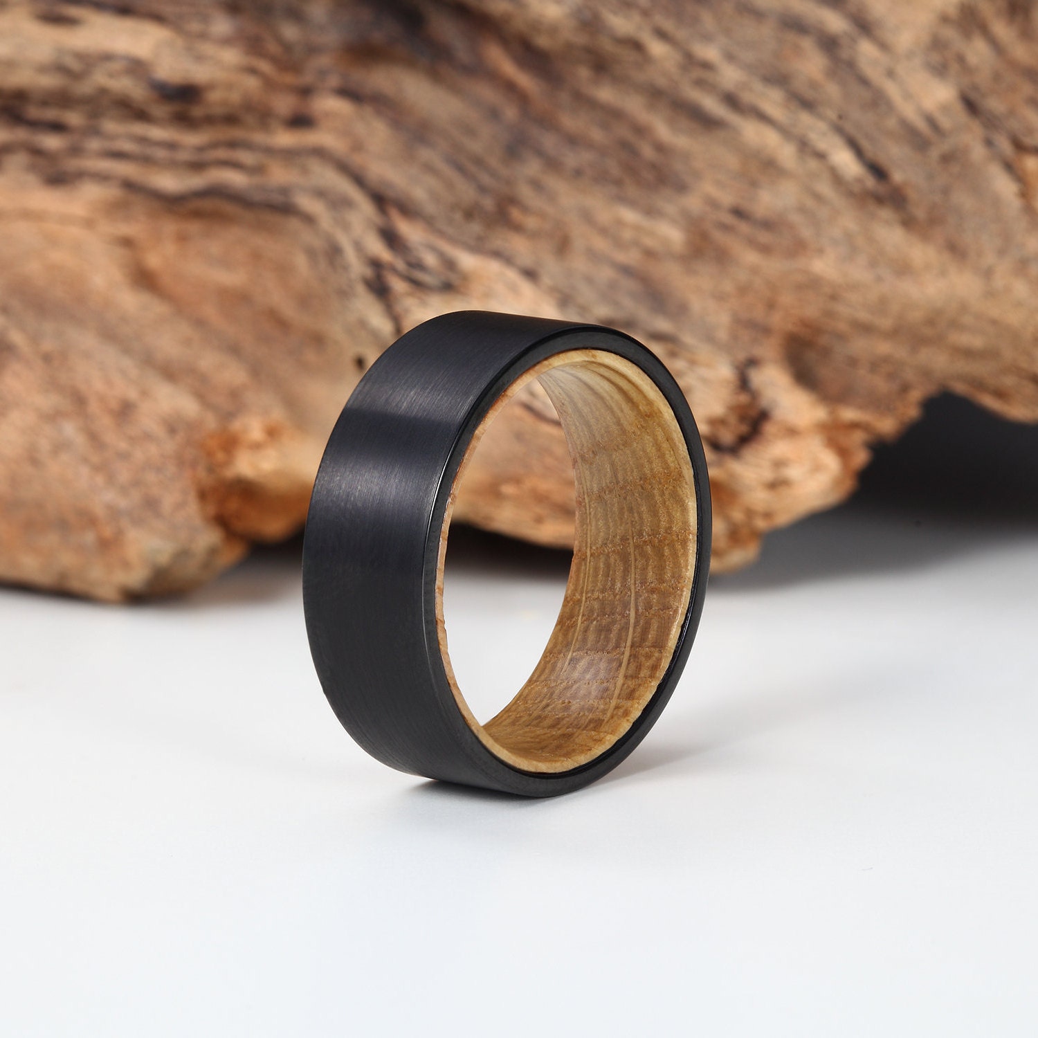 Black Tungsten Wood Ring Lined with Whiskey Barrel Wood | Etsy
