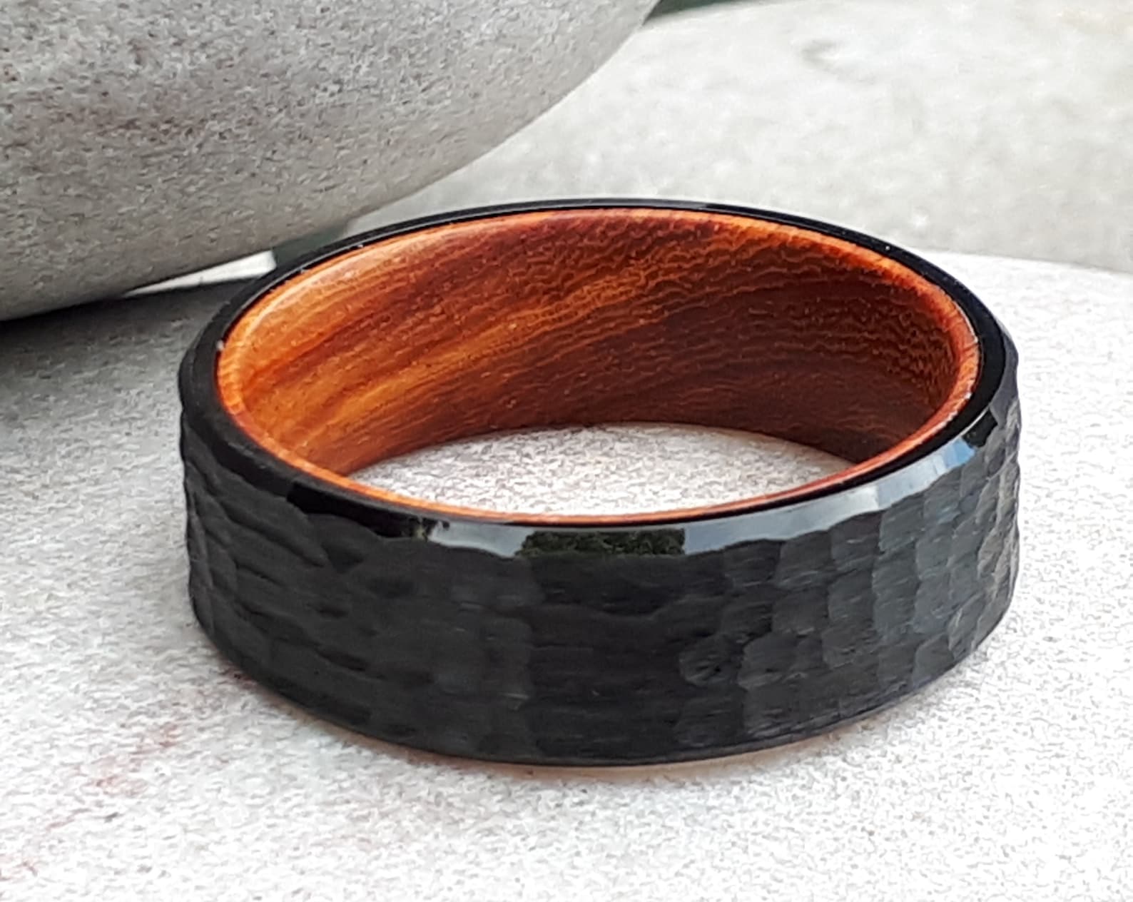 Black Tungsten Wood Ring Hammered Tungsten ring Tungsten | Etsy
