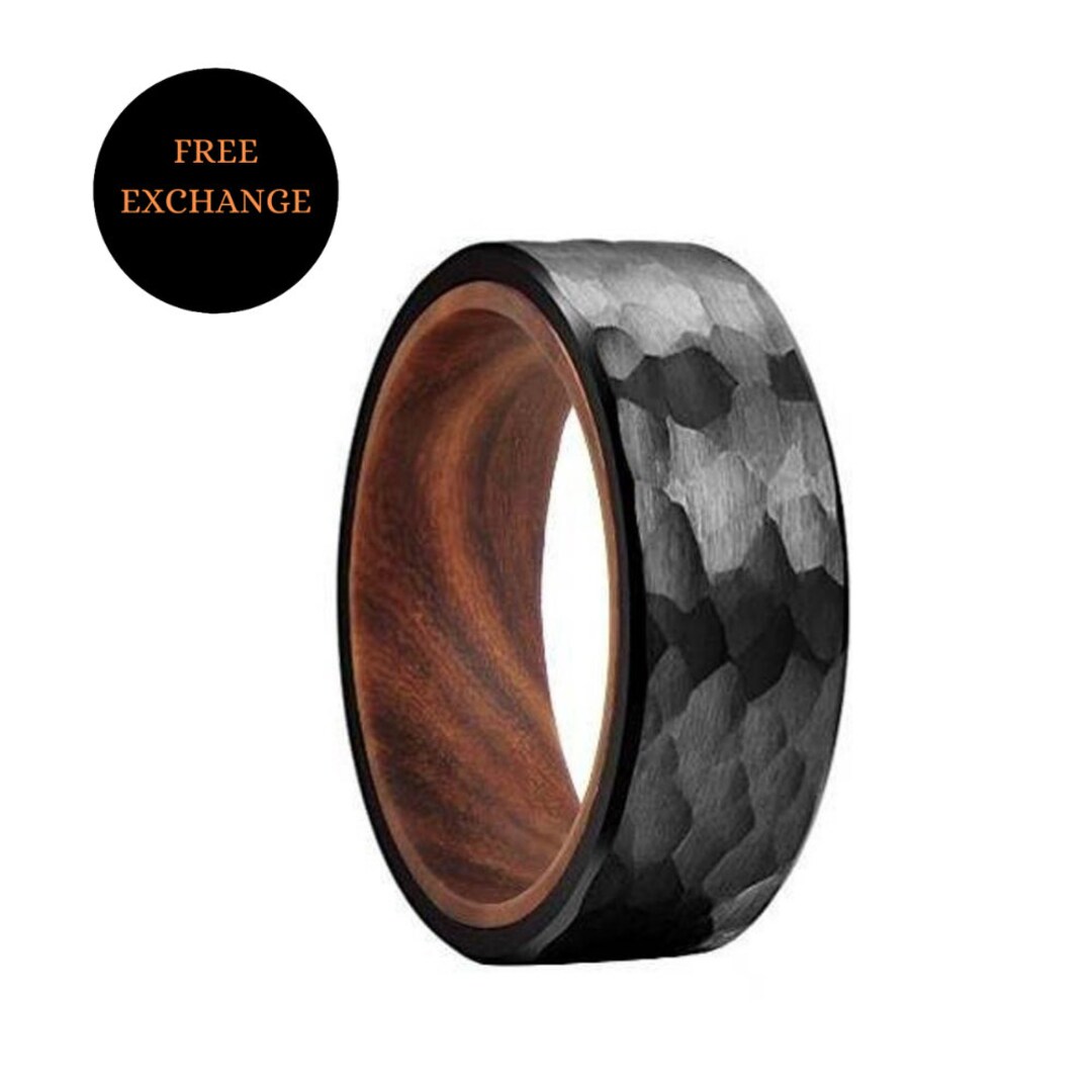 Black Tungsten Wood Ring, Hammered Tungsten Ring, Tungsten Ring Wood ...