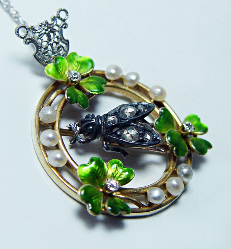 Art Nouveau Diamond Fly Pendant: Green Enamel, Seed Pearl, 14K Gold - Etsy