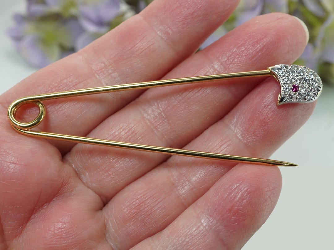 Vintage Diamond Ruby Safety Brooch Pin 18K Gold Estate 3" Long Roberto ...