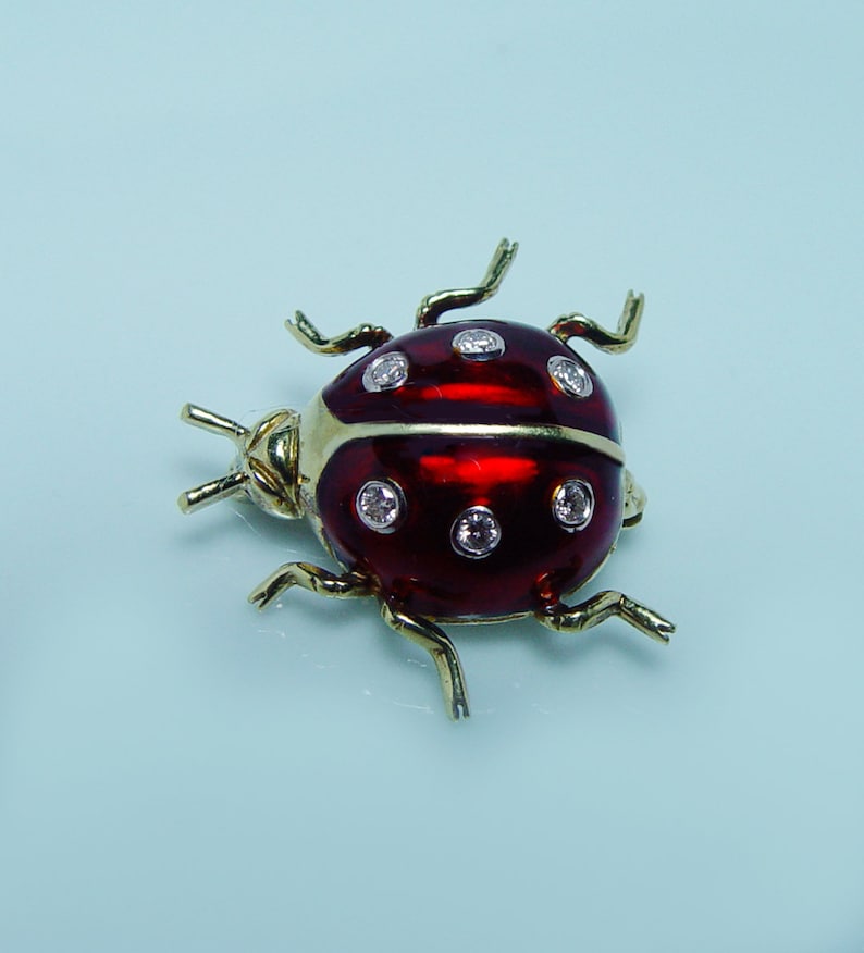 Levian Diamond Ladybug Red Enamel Brooch Pin 18K Gold Vintage Animal ...