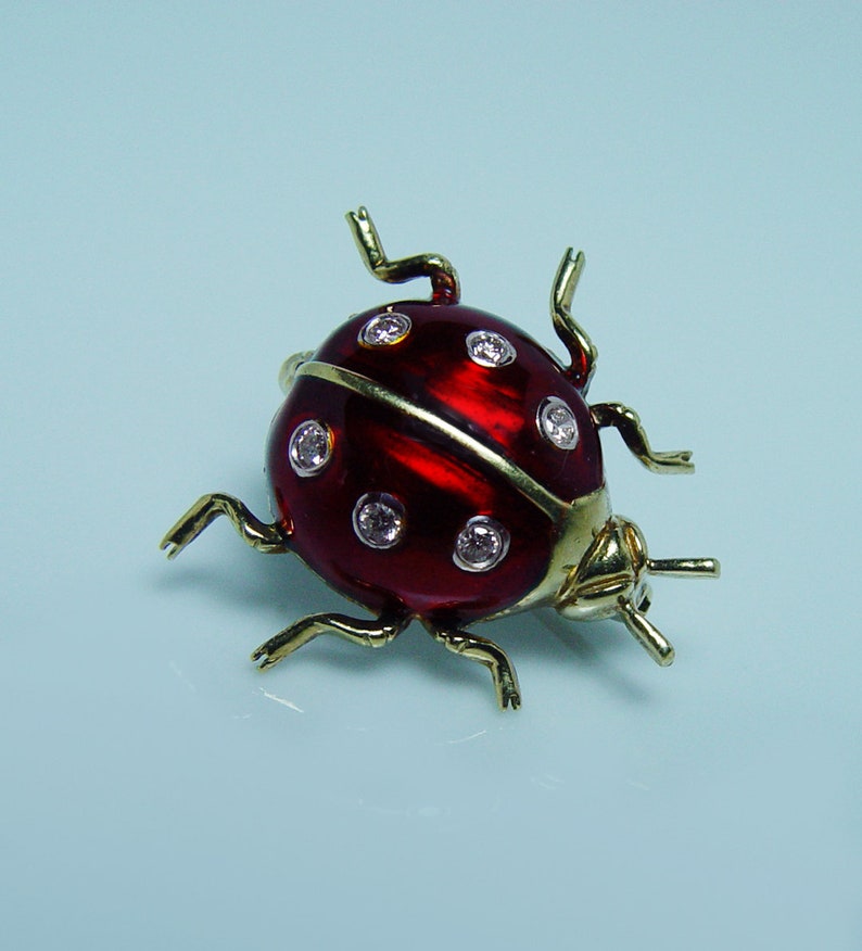 Levian Diamond Ladybug Red Enamel Brooch Pin 18K Gold Vintage Animal ...